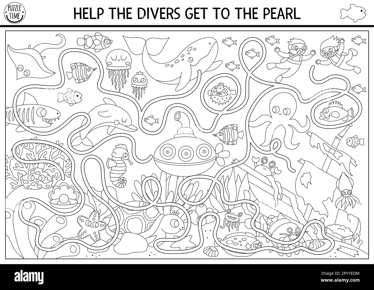 Under the sea black and white maze with marine landscape, wrecked ship ...