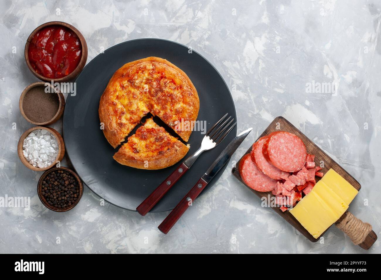 top view baked pizza with seasonings on light desk pizza dough bake ...