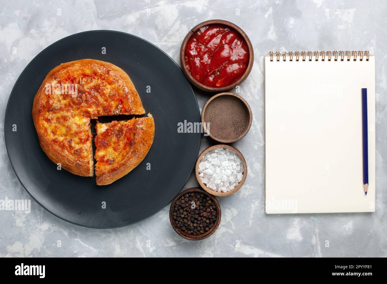 top view baked pizza with seasonings on white background meal food ...