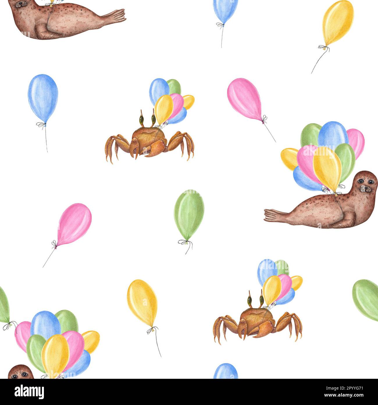 Watercolor cute seamless pattern of cartoon crabs, seals with balloons ...