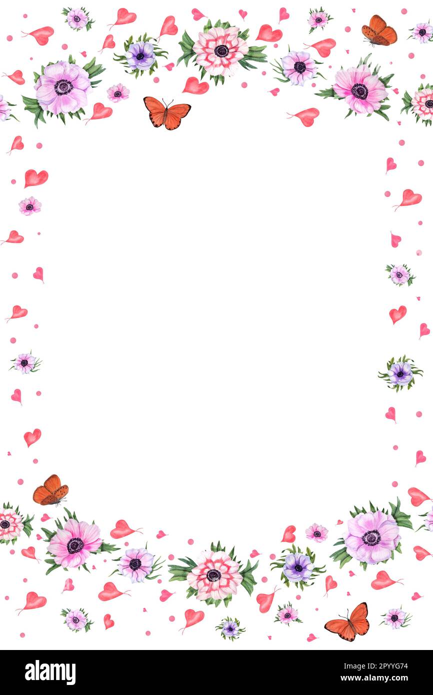 Watercolor celebration rectangle frame with anemones, butterflies ...