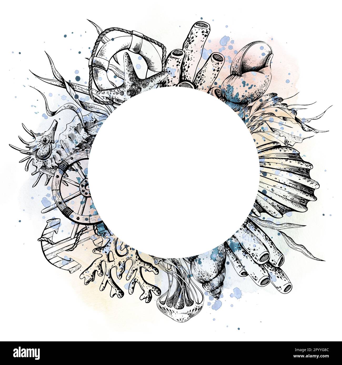 Nautical round frame, template with hand drawn seahorse, jellyfish ...