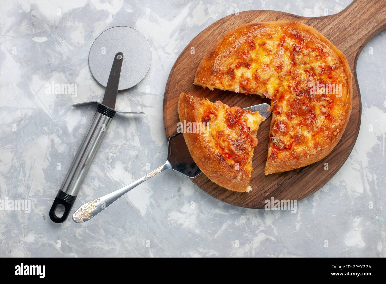 top view sliced pizza baked with cheese on white background meal pastry ...