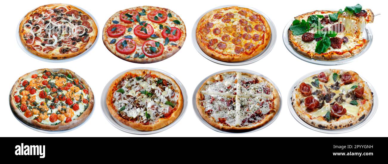 Pizza assortment collection isolated background. Various ingredients ...