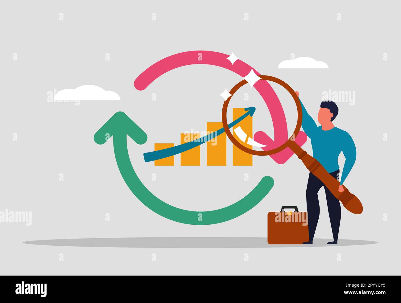 The economic cycle of obtaining company income. A man under a ...