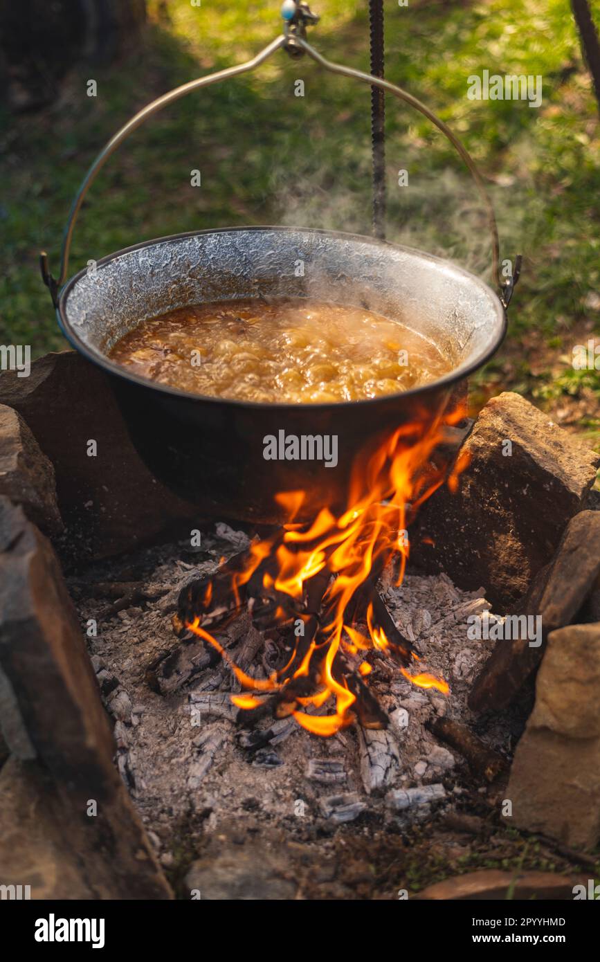 Delicious meal (goulash) made on traditional way in fish pot on camp ...