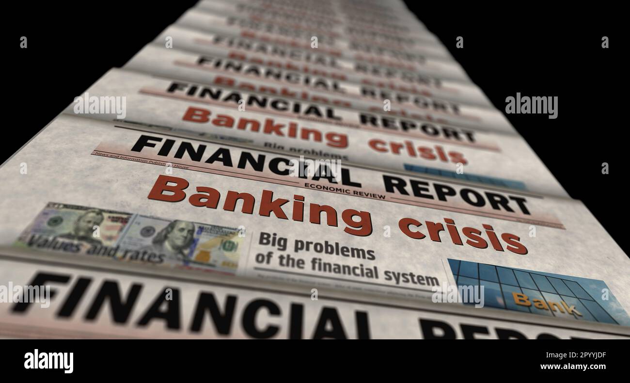 Banking crisis economy finance and global recession vintage news and newspaper printing ...