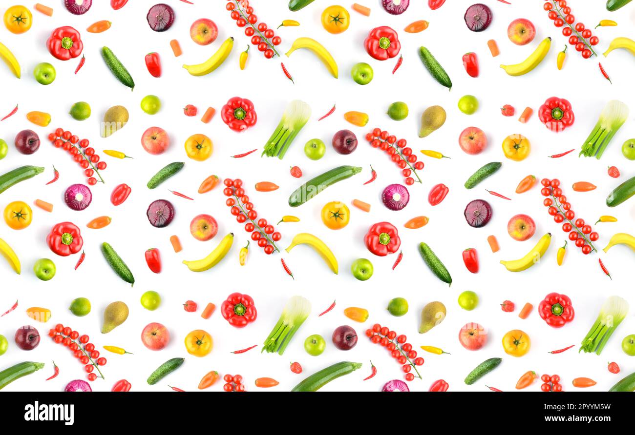 Seamless natural pattern of vegetables and fruits isolated on white ...