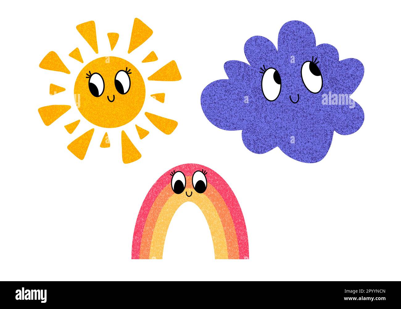 Retro summer cartoon set sun and rainbow and clouds for wrapping paper ...