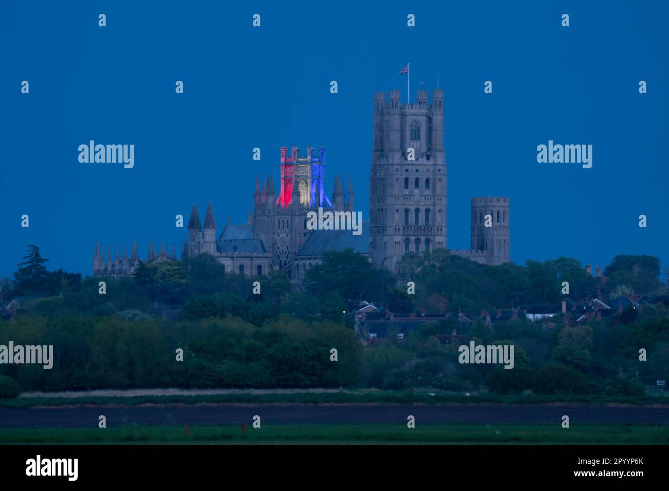 Ely Cathedral lantern tower illuminated in red, white and blue to ...