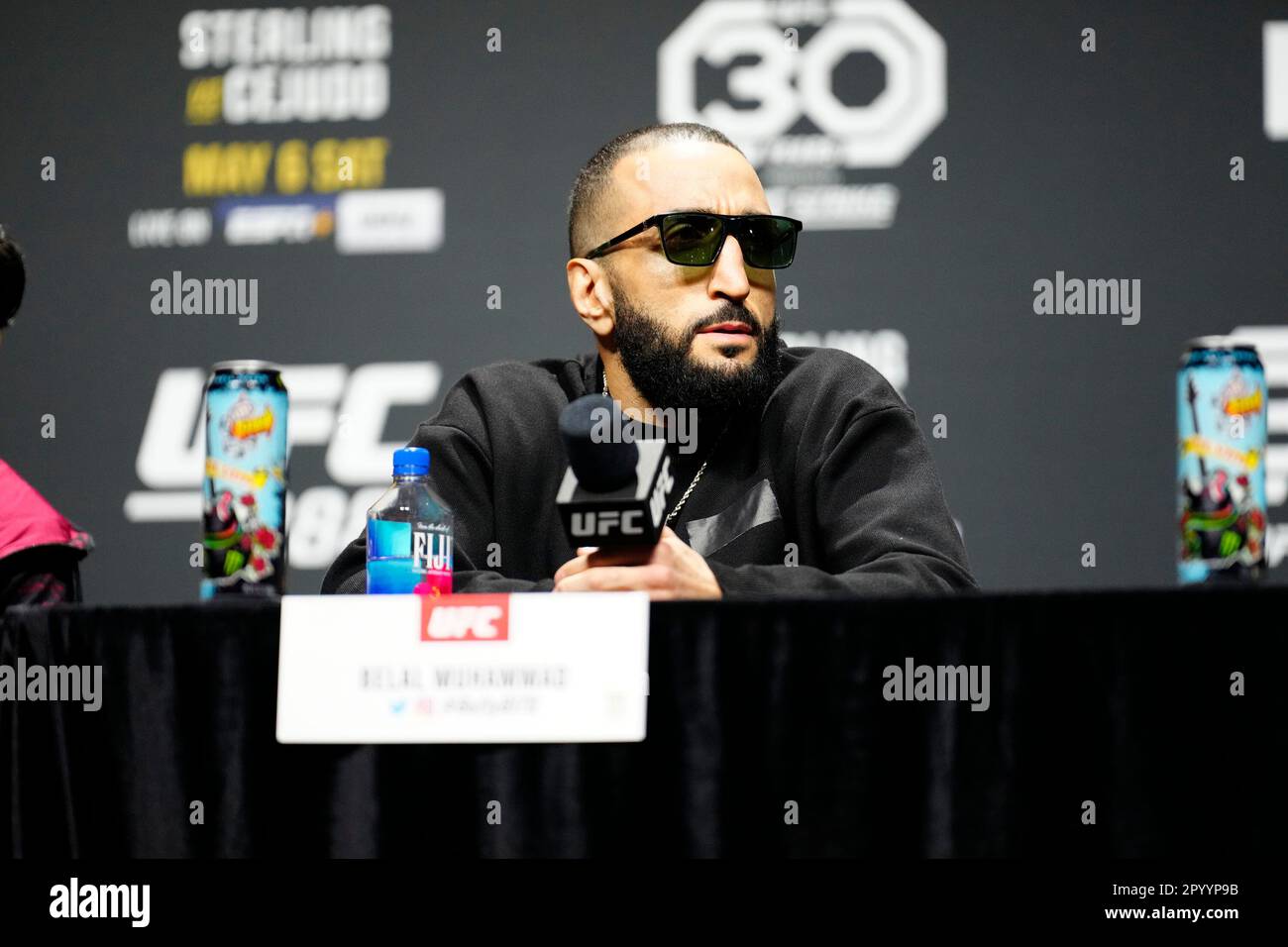 NEWARK, NJ - MAY 04: Belal Muhammed speaks to the press and the fans at ...