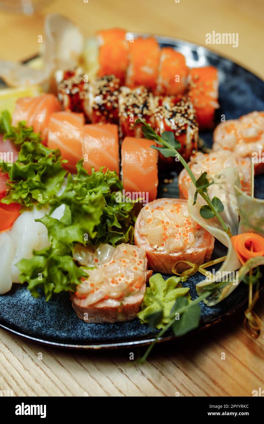 Mixed Sushi Set nigiri, rolls and sashimi served in traditional Japan ...