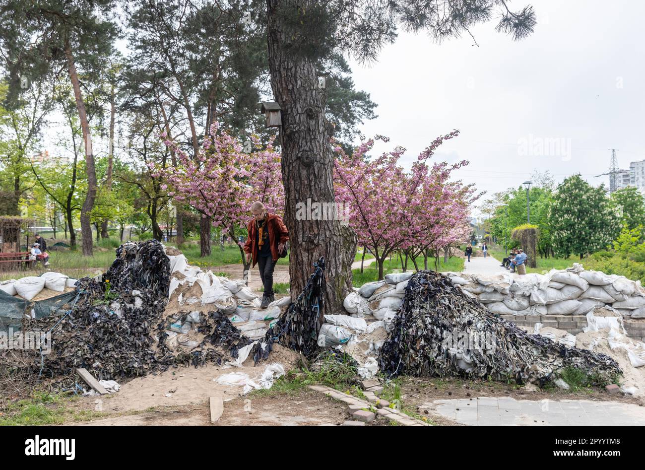 Concrete slabs and sandbags are seen in the alleys of the park. Sakura ...