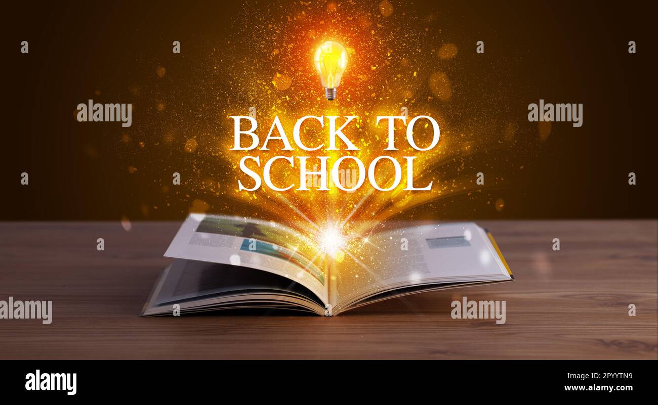 Educational inscription coming out from an open book Stock Photo - Alamy