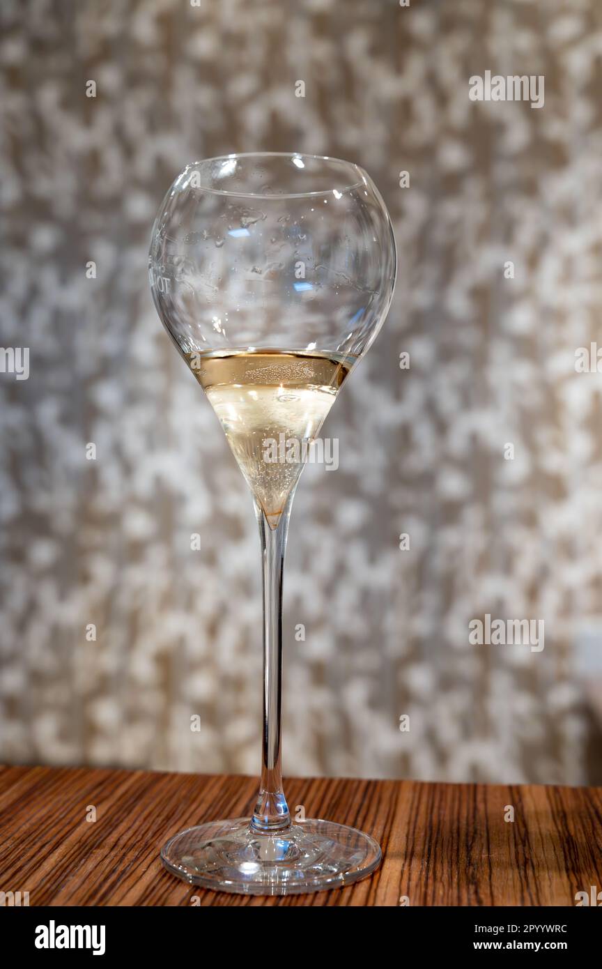 Tasting glass with cold brut Champagne sparkling wine in cellars of ...