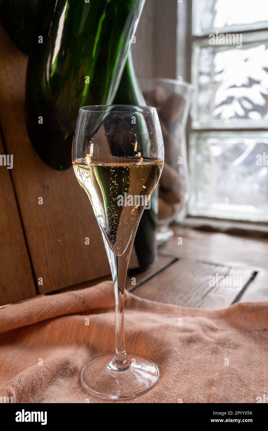 Glass of sparkling white wine champagne gran cru or cava with bubbles ...
