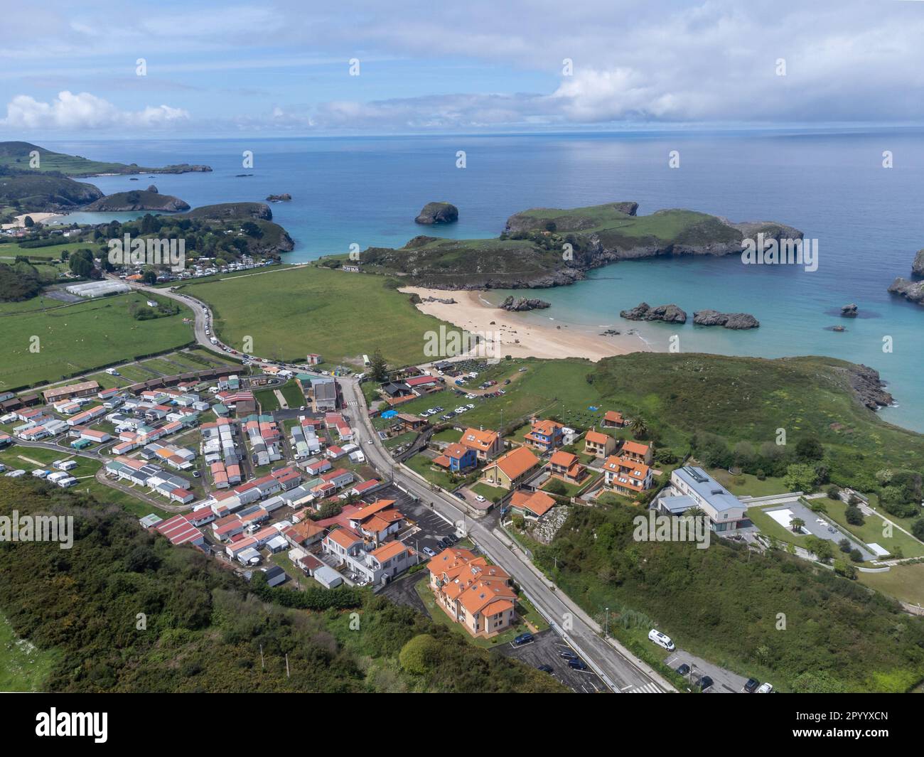Aerial view on Playa de Borizo and Celorio, Green coast of Asturias ...