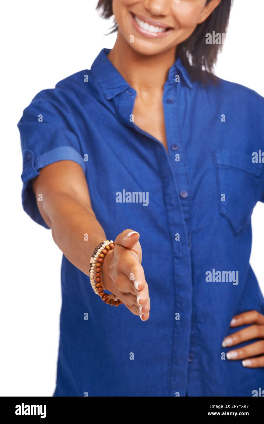 Pleased to meet you. An african-american woman offering you a handshake ...