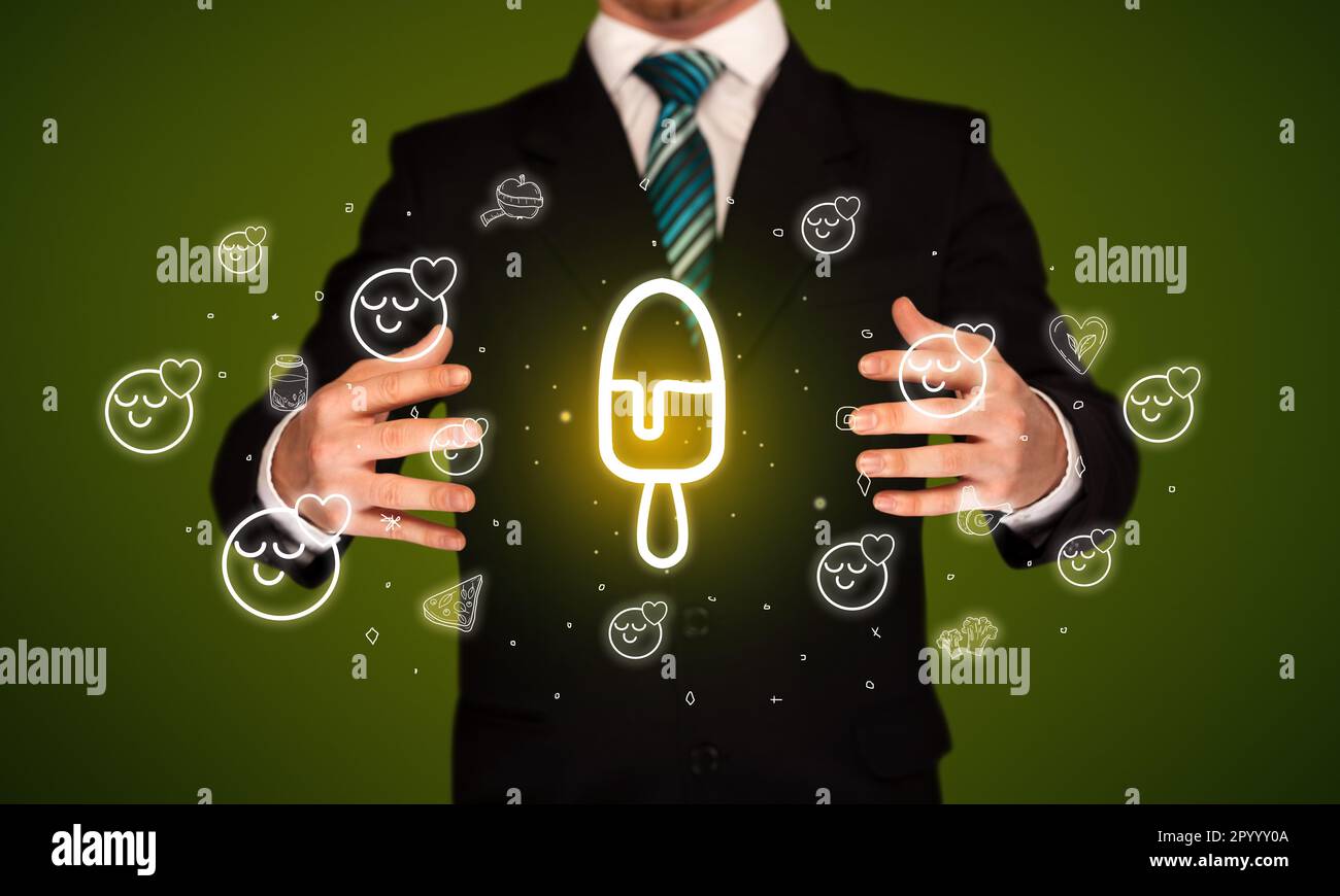 Hand holding food related icons Stock Photo - Alamy