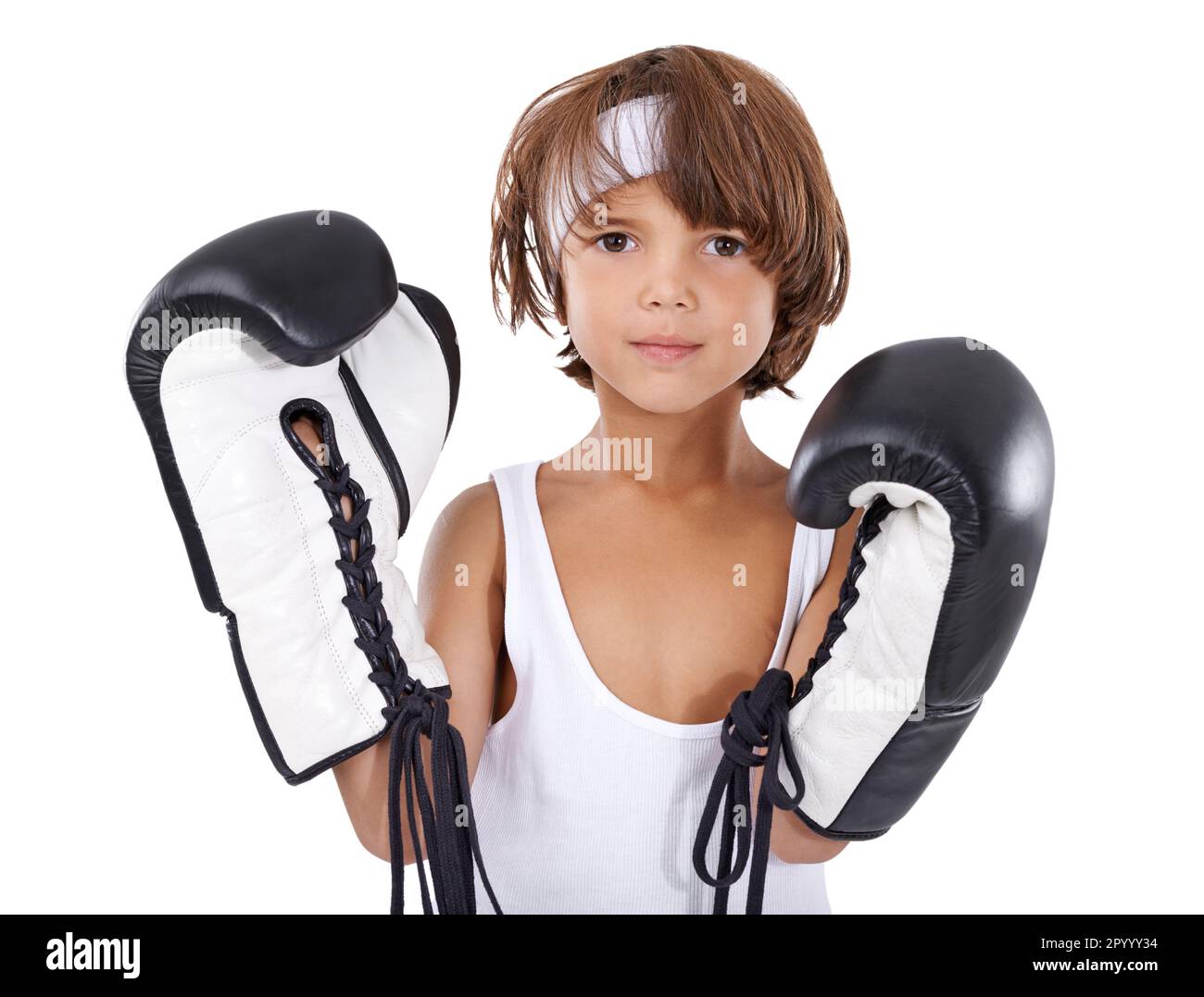 When he grows up he wants to fight. Portrait of a young boy dressed in ...