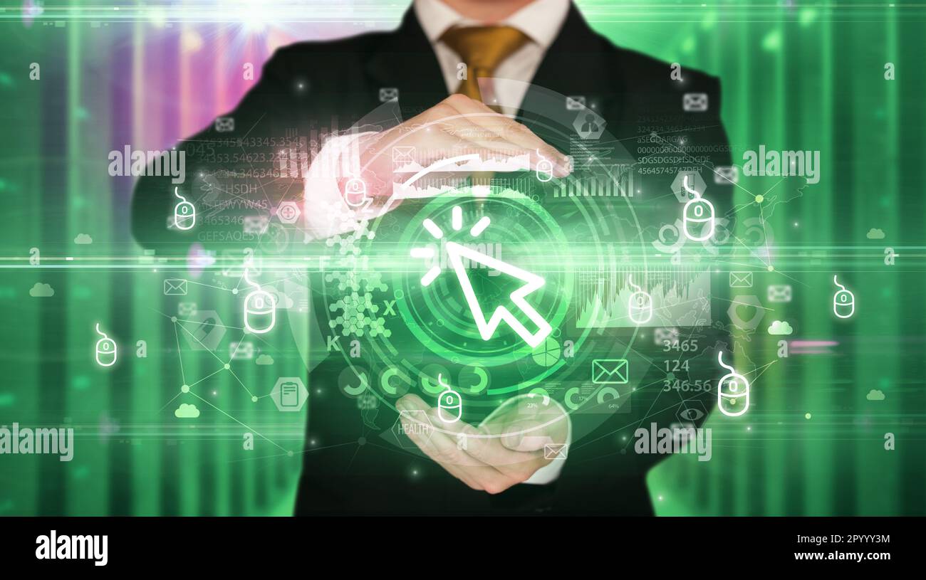 Businessman holding technology icon concept Stock Photo - Alamy