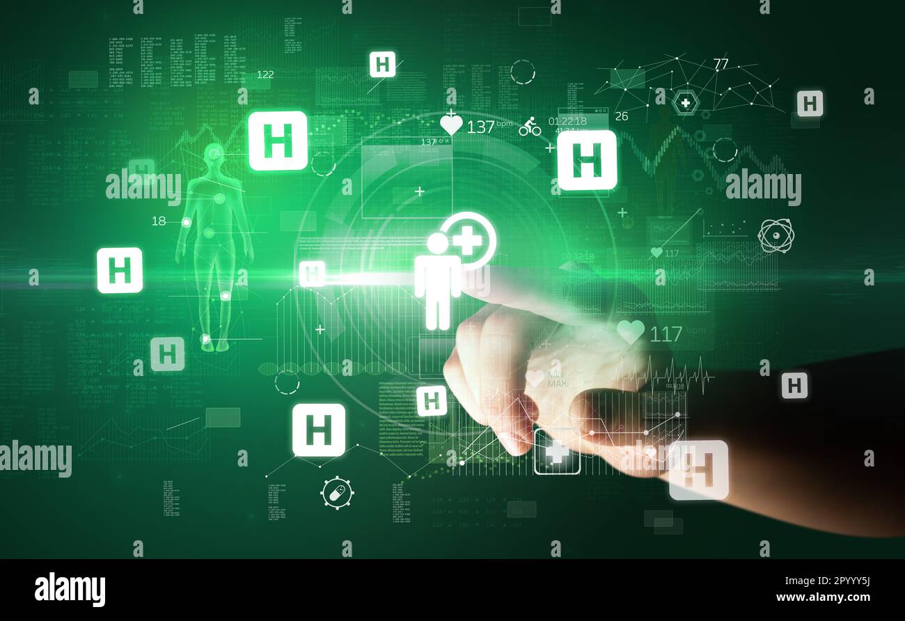 Doctor hand pressing futuristic health device with medical symbol on ...