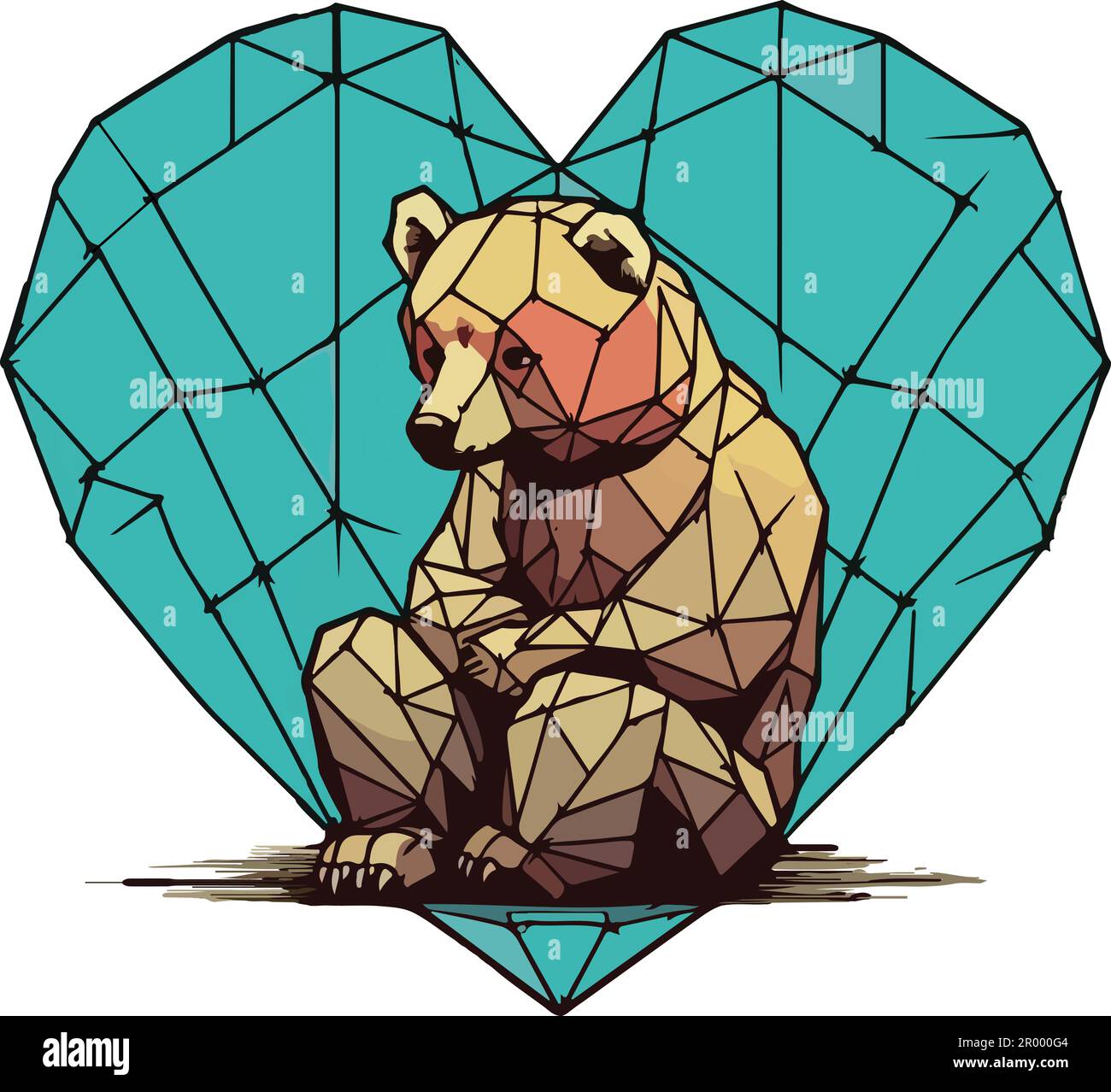 Vector of brown bear sitting in blue heart, grid lines Stock Vector ...