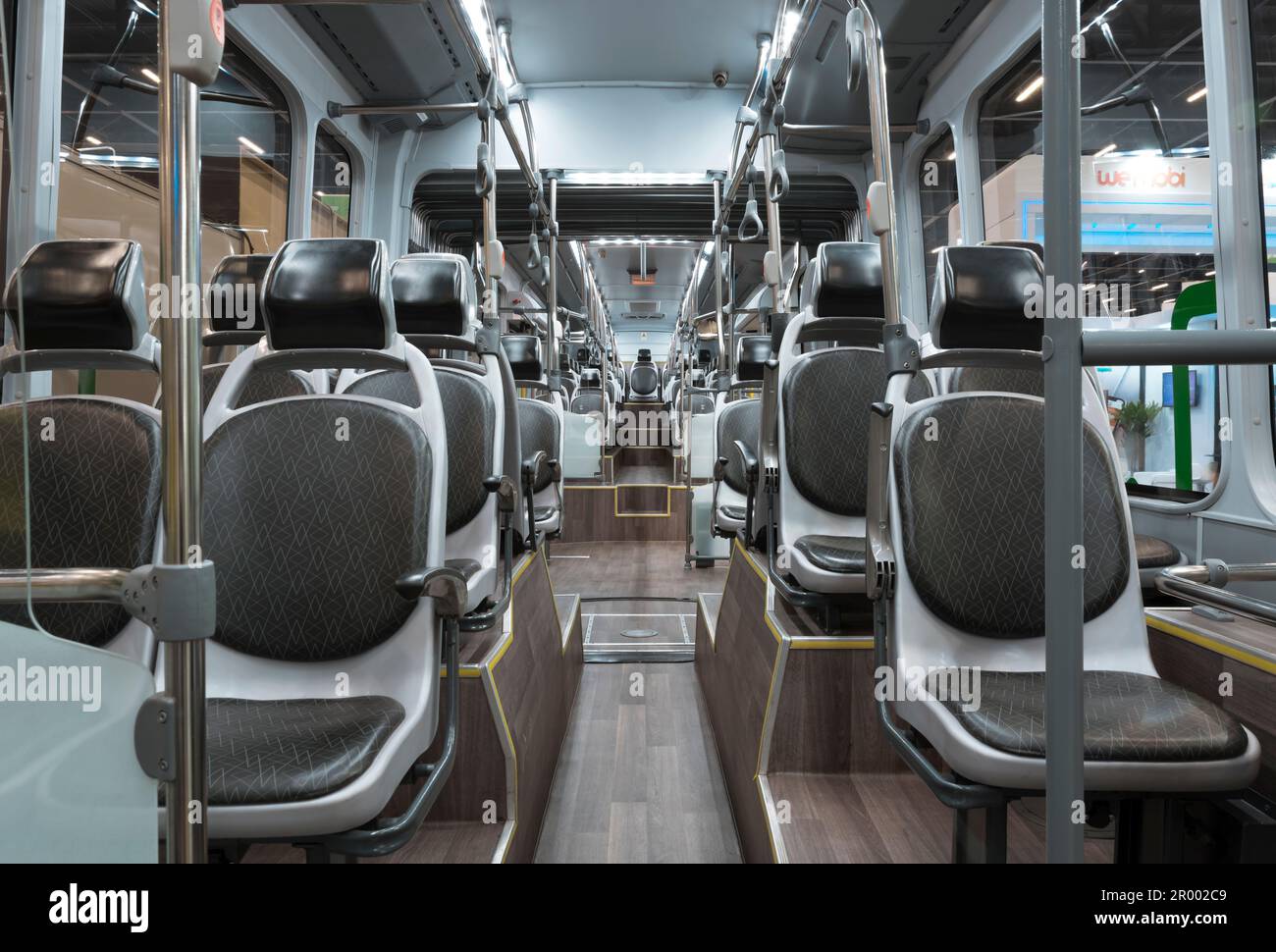Interior of an articulated bus. Low floor vehicle. On display at the ...