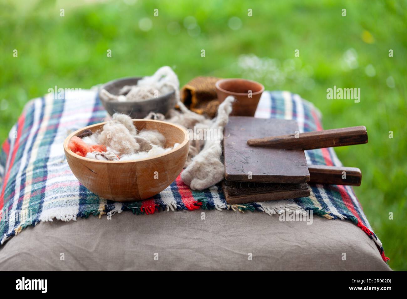 Various objects on a blanket to scour the wool used by the Gallic tribe ...