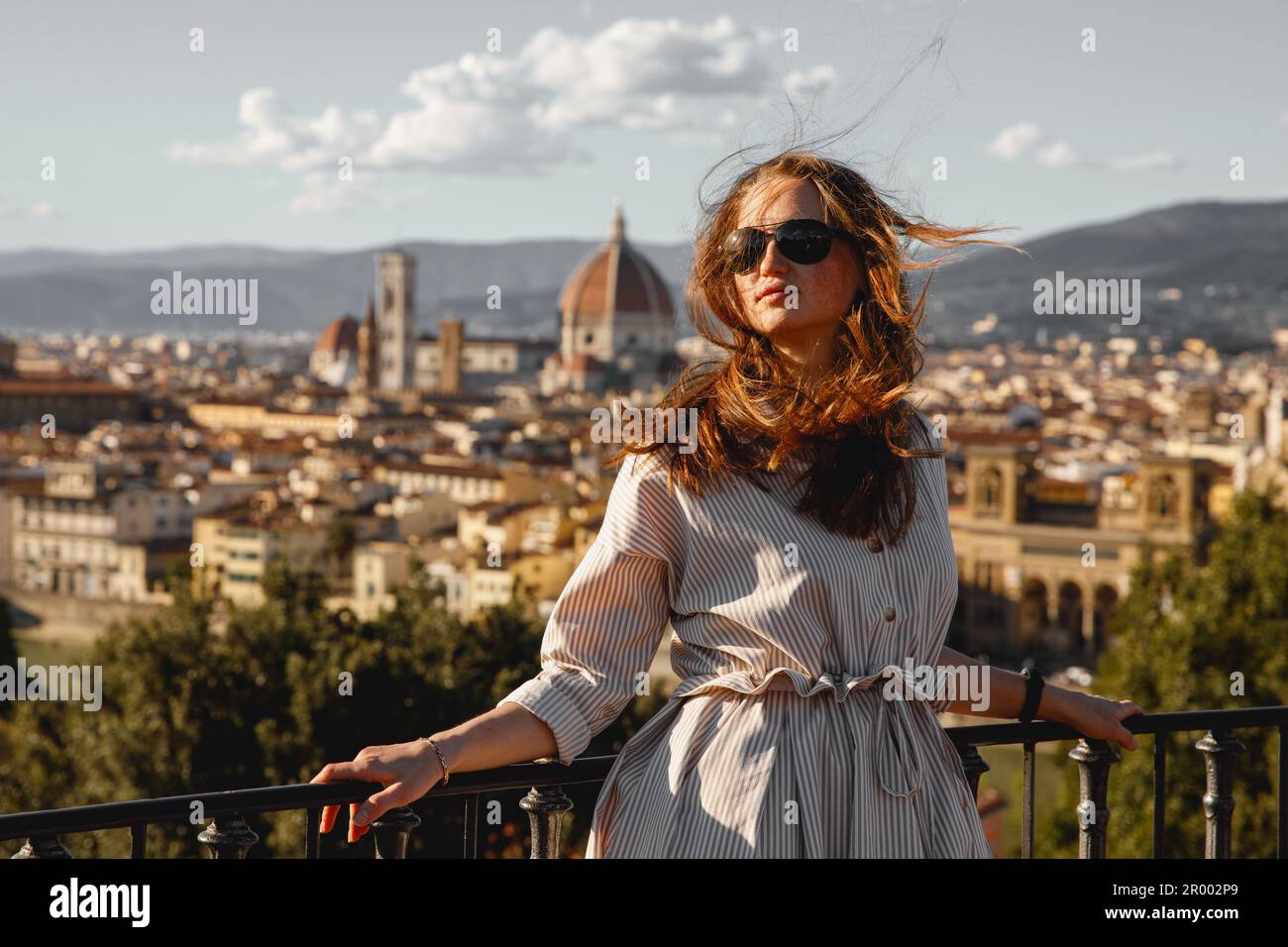 Travel to Italy. Girl on the Florence iconic view background Stock ...