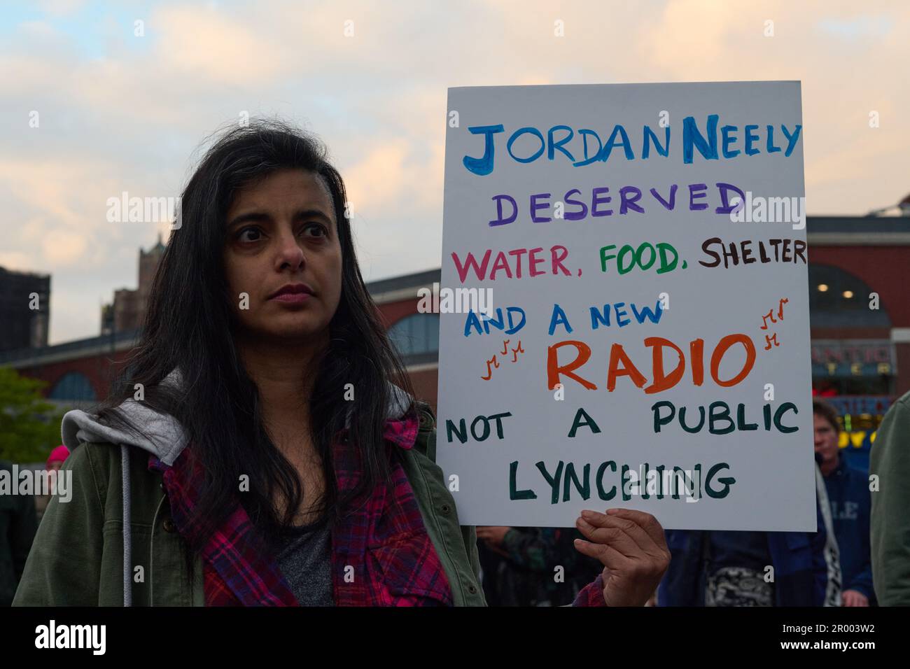 New York, New York, USA. 4th May, 2023. Woman holds sign at Barclays ...
