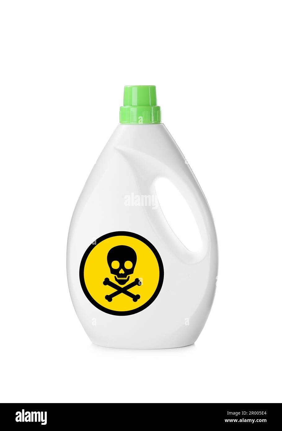 Bottle of toxic household chemical with warning sign on white ...