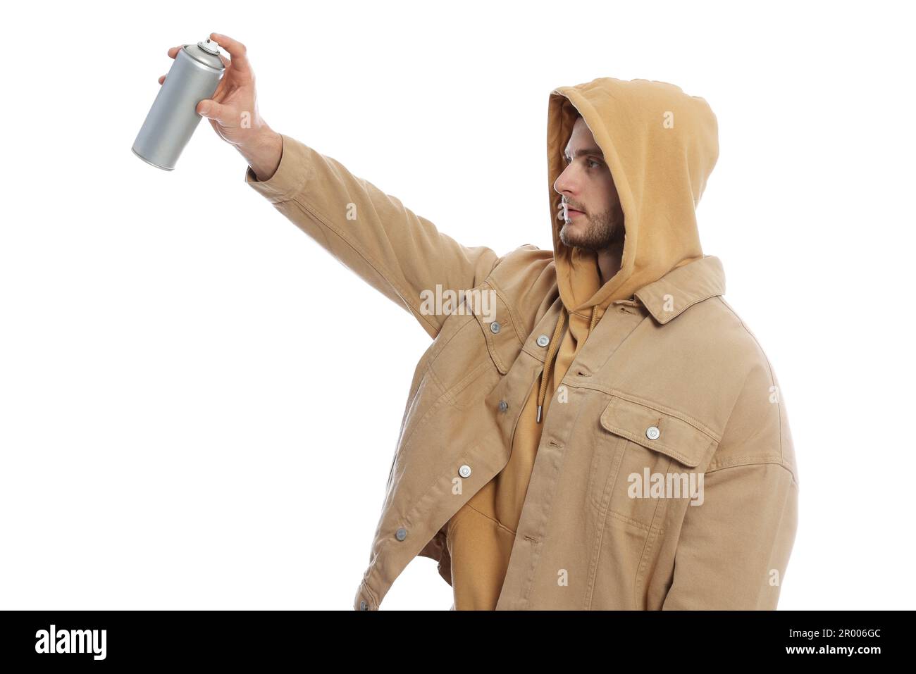 Handsome man holding can of spray paint on white background Stock Photo ...