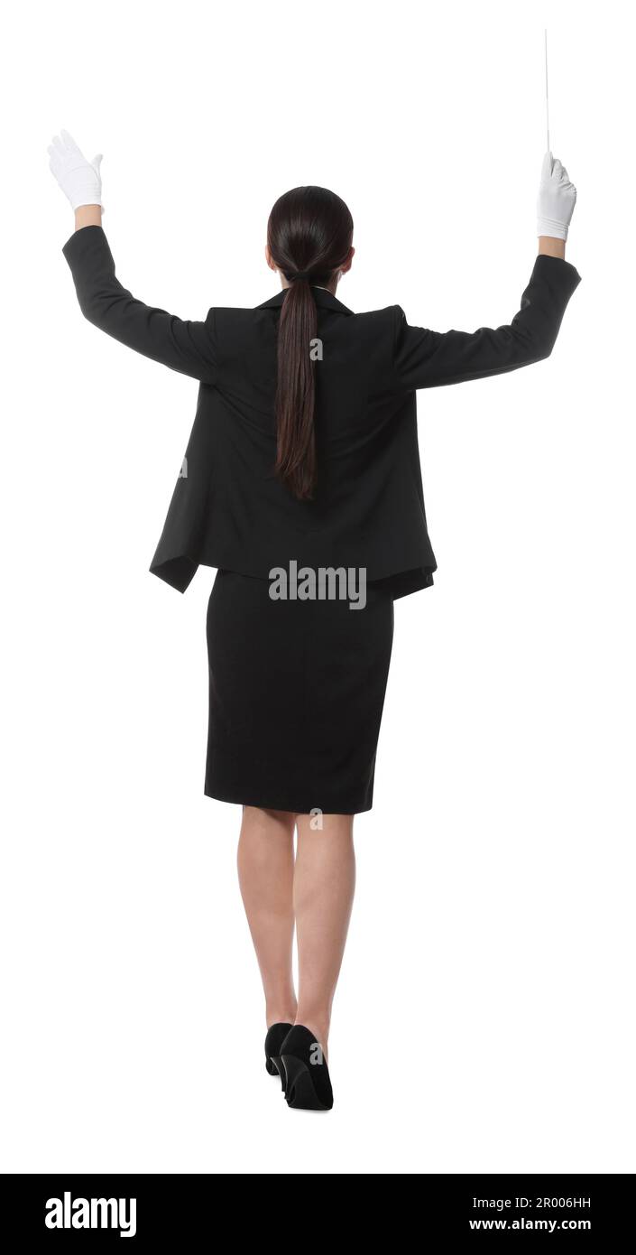 Professional conductor with baton on white background, back view Stock ...