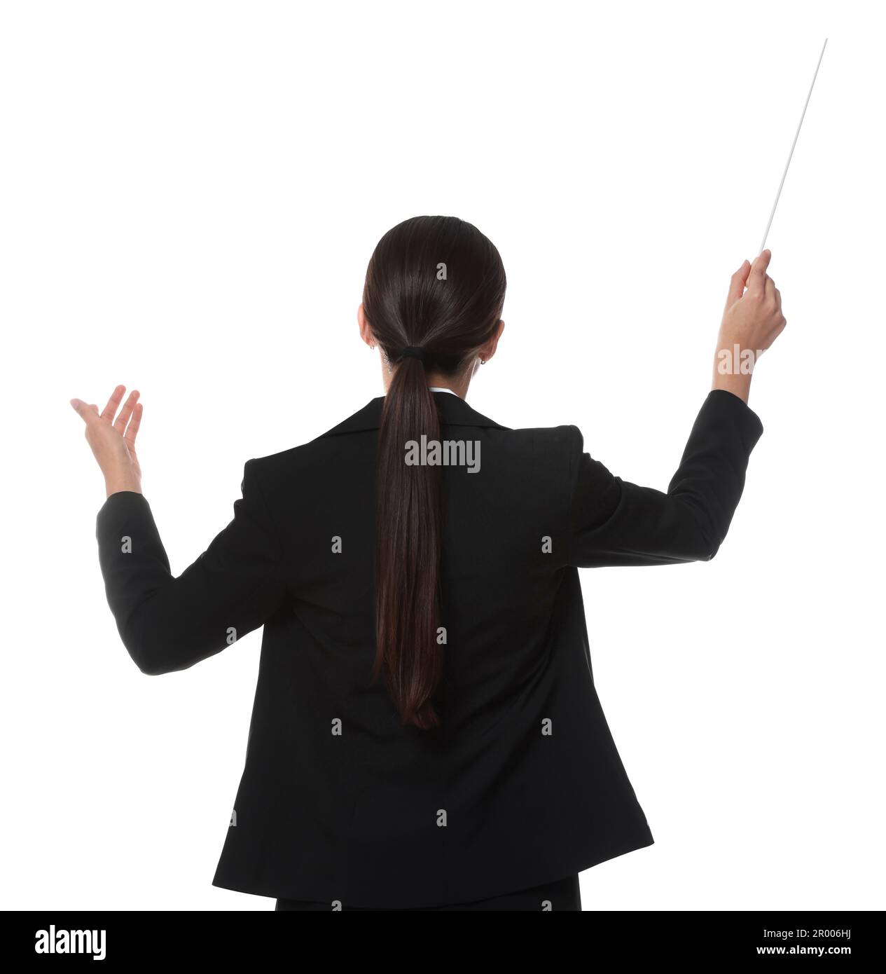 Professional conductor with baton on white background, back view Stock ...