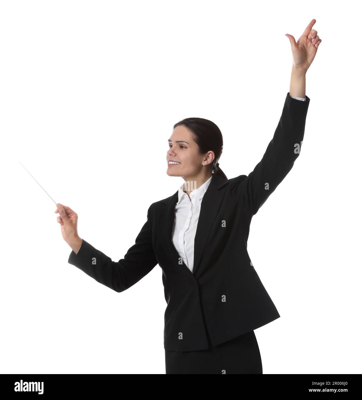 Happy young conductor with baton on white background Stock Photo - Alamy
