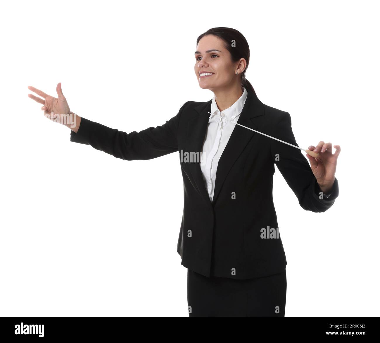 Happy young conductor with baton on white background Stock Photo - Alamy