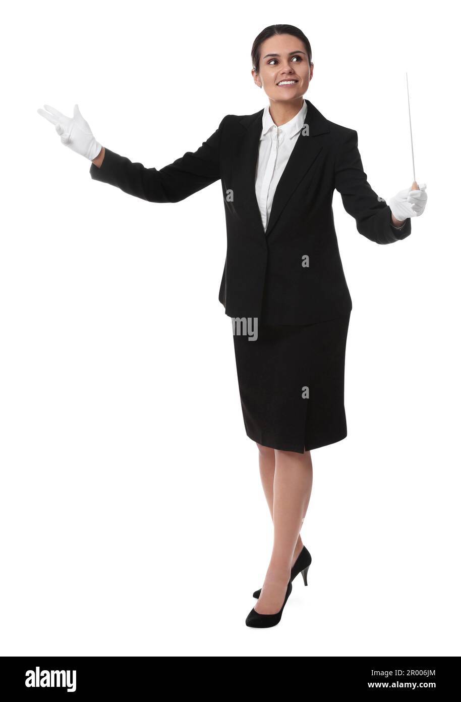 Happy young conductor with baton on white background Stock Photo - Alamy