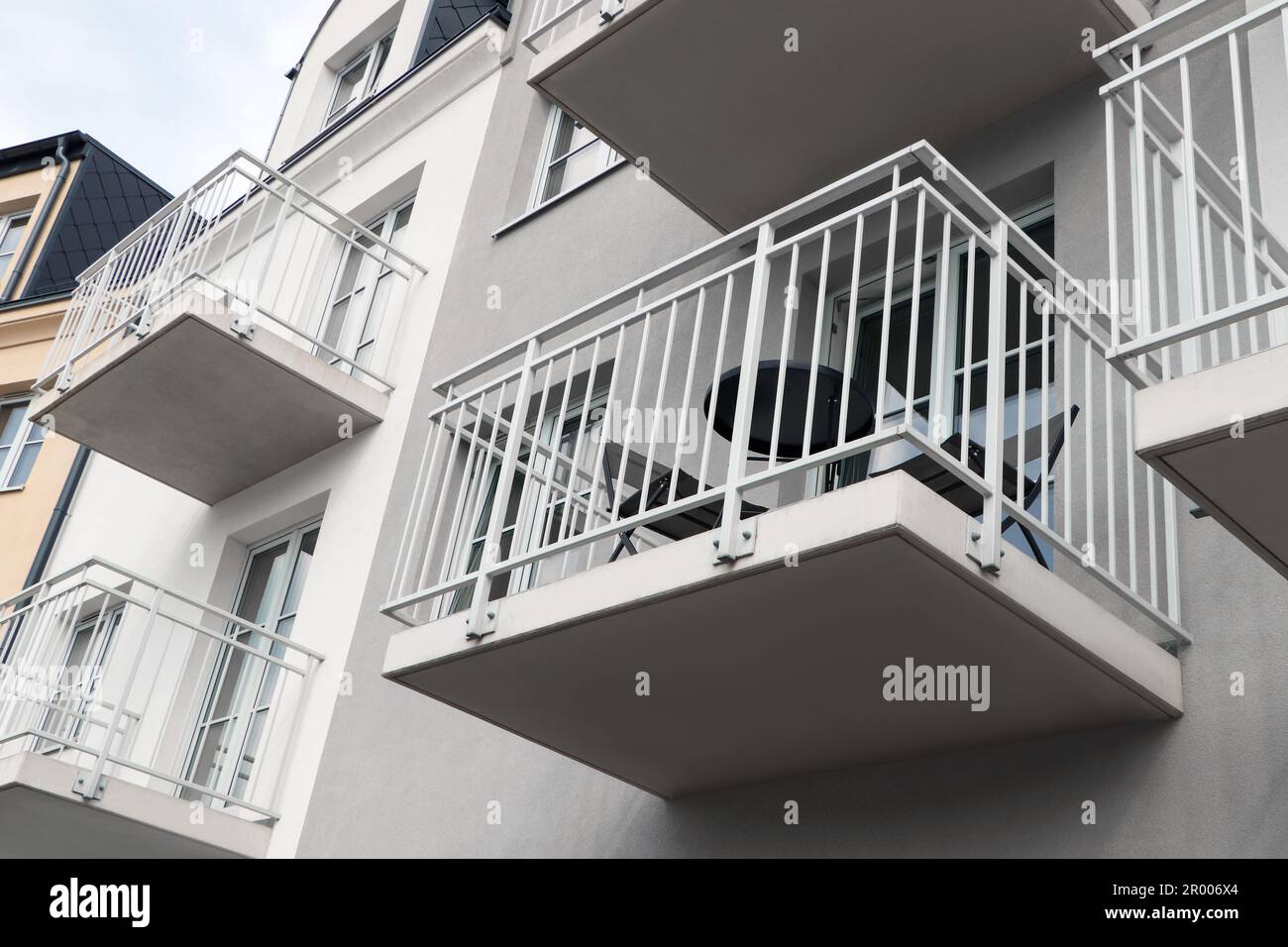 Exterior of beautiful building with balconies, low angle view Stock ...