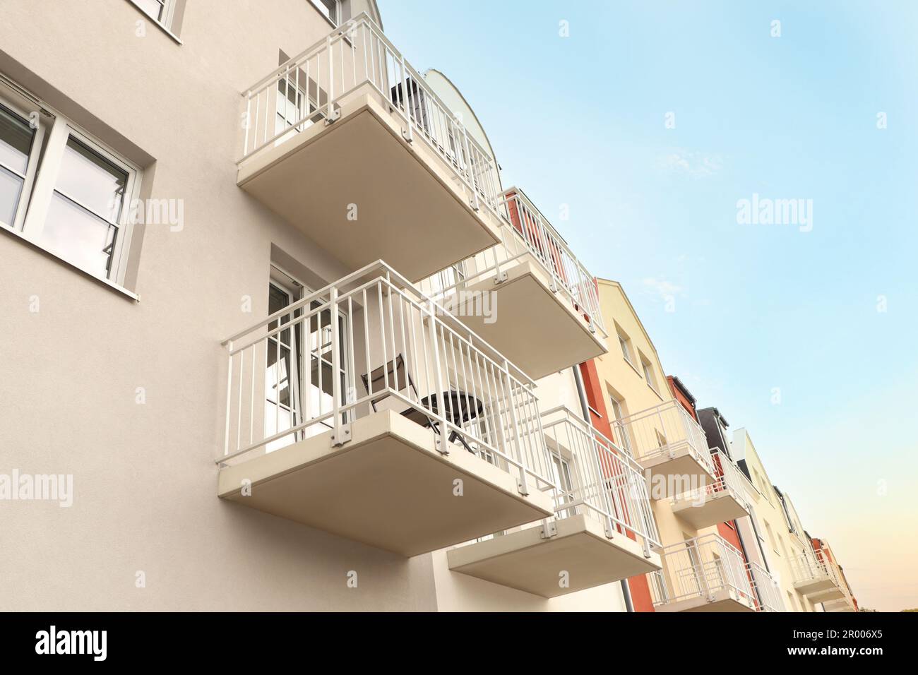 Exterior of beautiful building with balconies, low angle view Stock ...