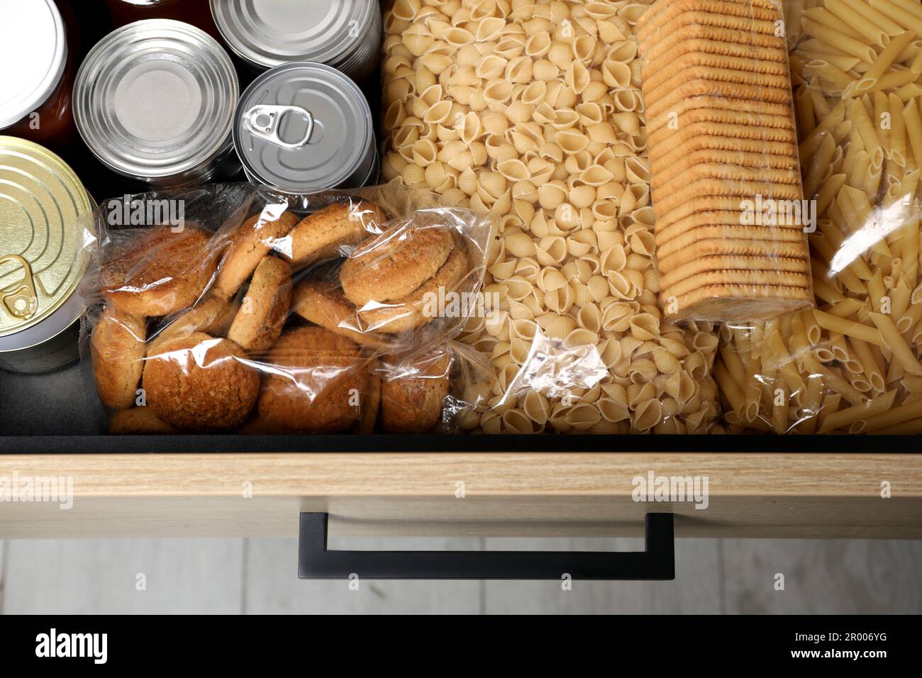 Open drawer with different products, top view. Food donation Stock ...