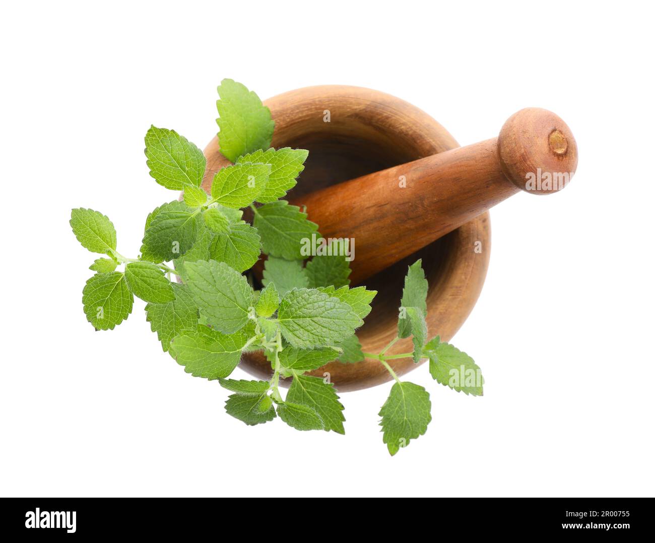 Wooden mortar with pestle and fresh green lemon balm leaves isolated on ...