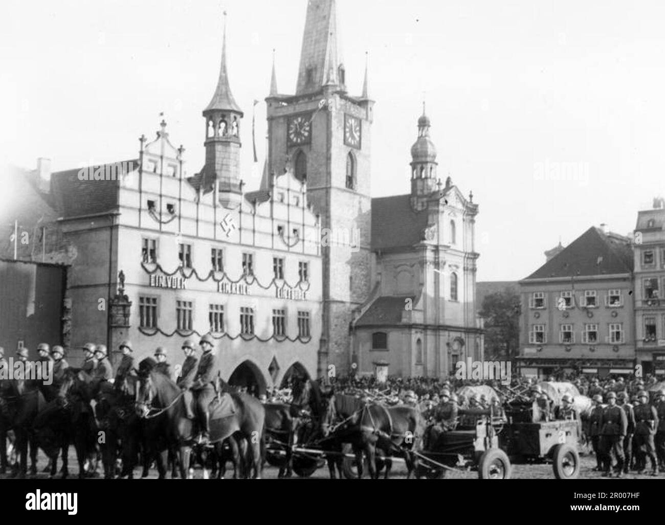 German troops in parade formation on the market place of Leitmeritz on ...