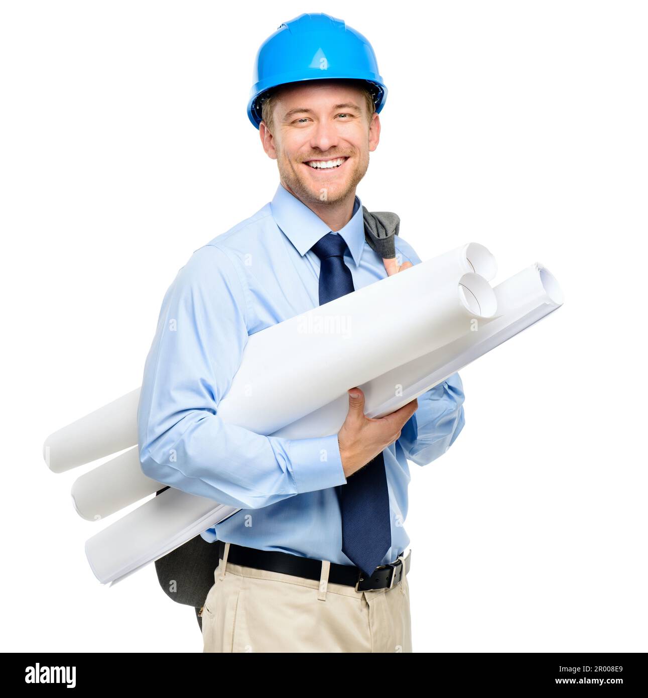 Shall we go over the plans. a handsome young contractor standing alone ...