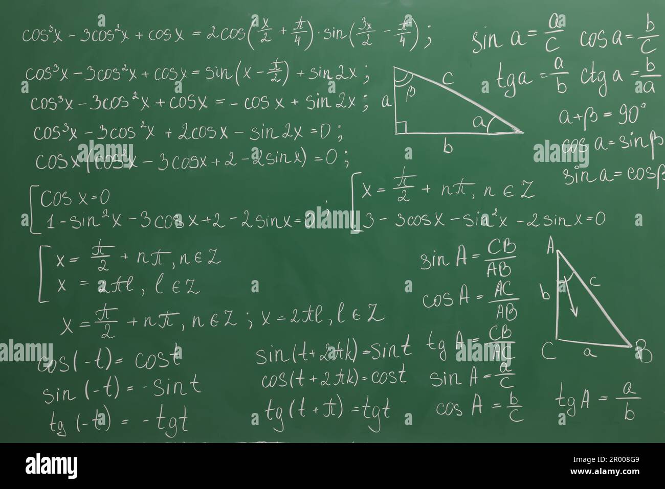 Many different math formulas written on green chalkboard Stock Photo - Alamy