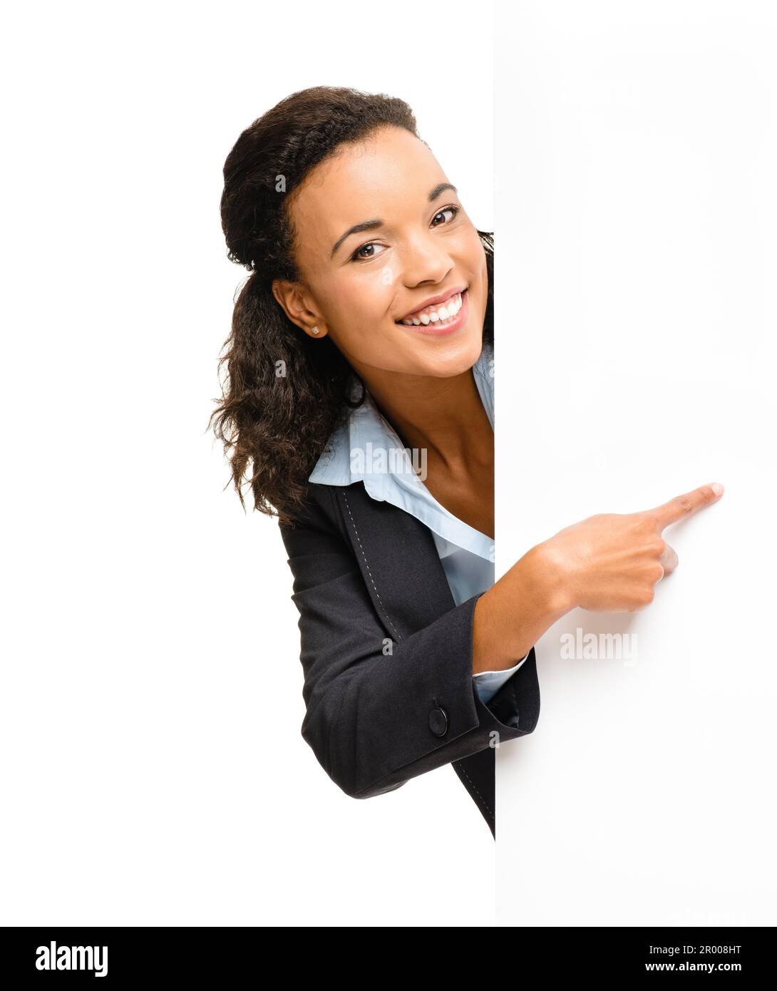 Black woman, hands or pointing portrait at billboard promotion logo ...