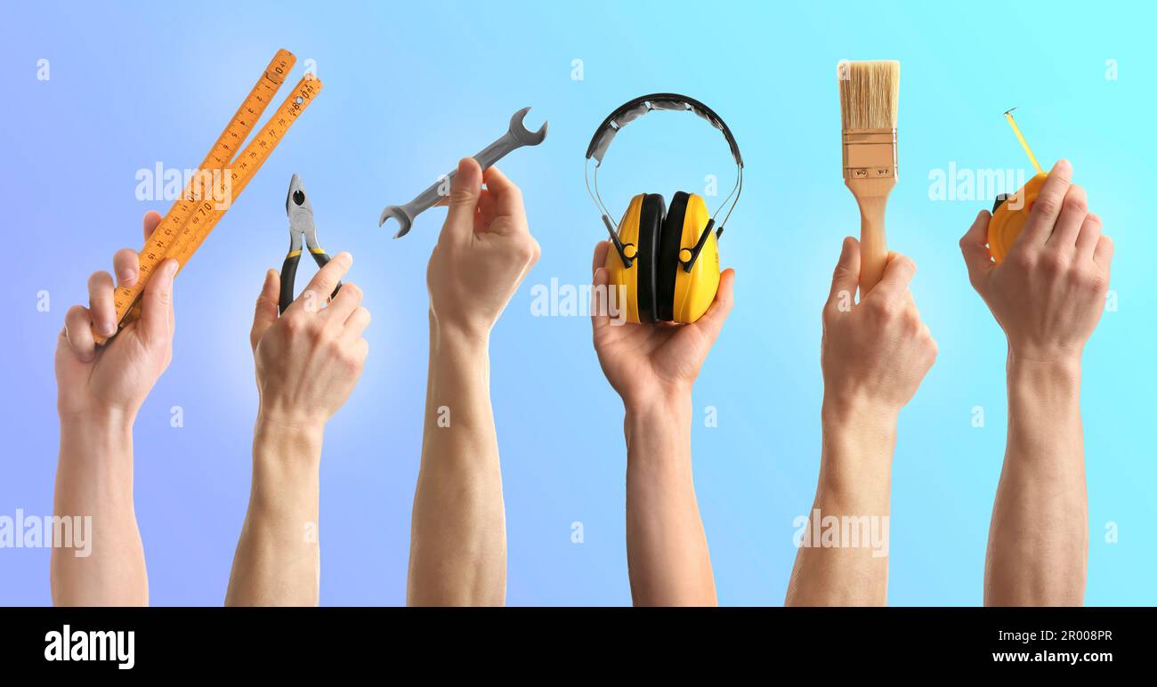 Collage with photos of men holding different construction tools on ...