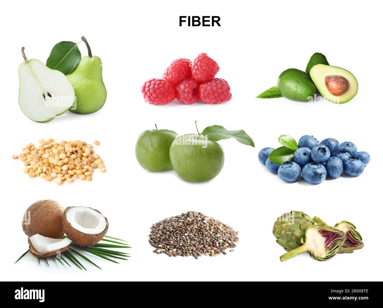 Set with different products rich in fiber on white background Stock ...