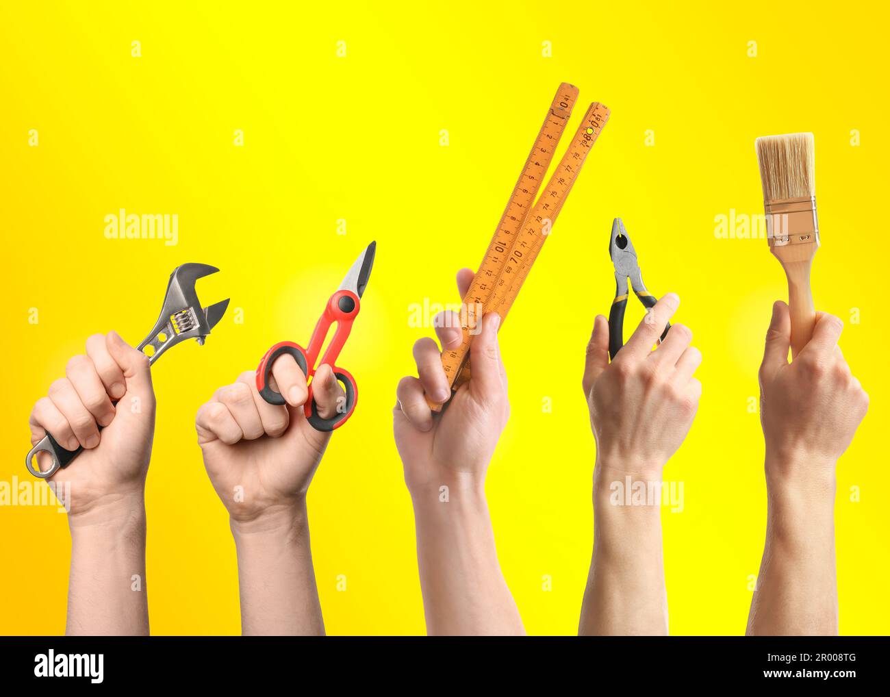 Collage with photos of men holding different construction tools on ...