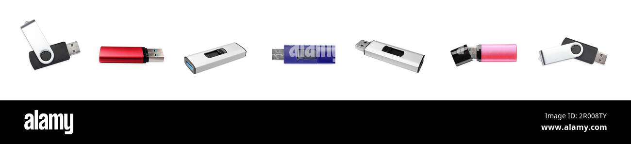 Set with modern usb flash drives on white background. Banner design ...